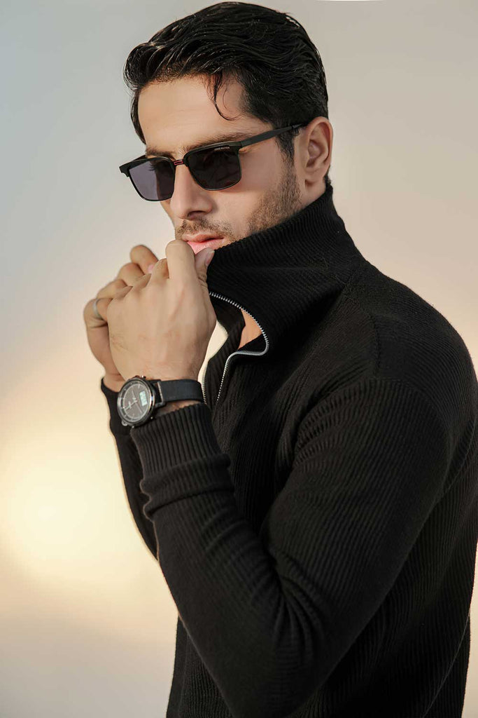 Black Fisherman Knit Zip Neck Jumper | ZED