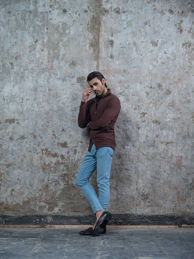 Brown Double Zip High Neck Cardigan | ZED