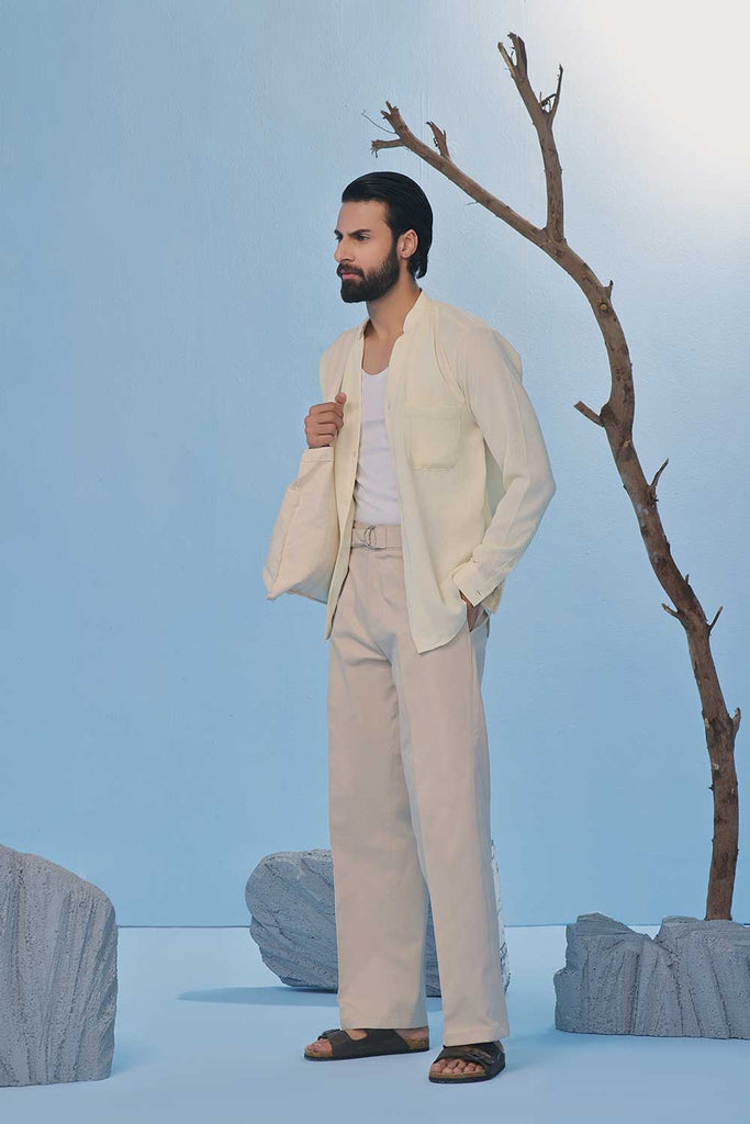 Cream Seersucker Open V-Neck Collared Shirt | ZED