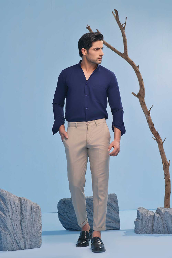 Imperial Blue Seersucker Open V-Neck Collared Shirt | ZED
