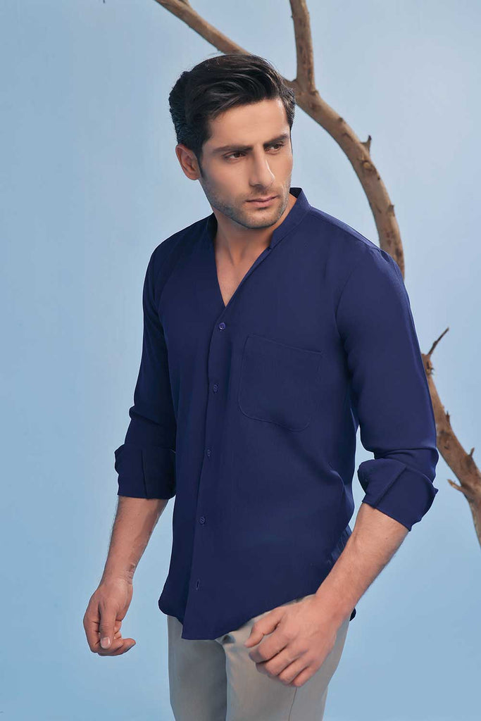 Imperial Blue Seersucker Open V-Neck Collared Shirt | ZED