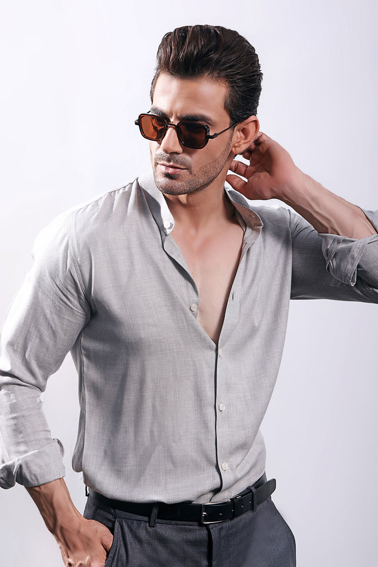 Grey Linen With Stand-Up Collar Shirt | ZED