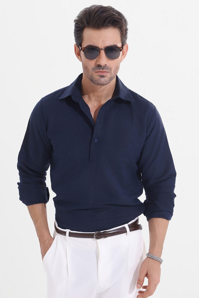 Navy Blue Linen Half Placket Shirt | ZED